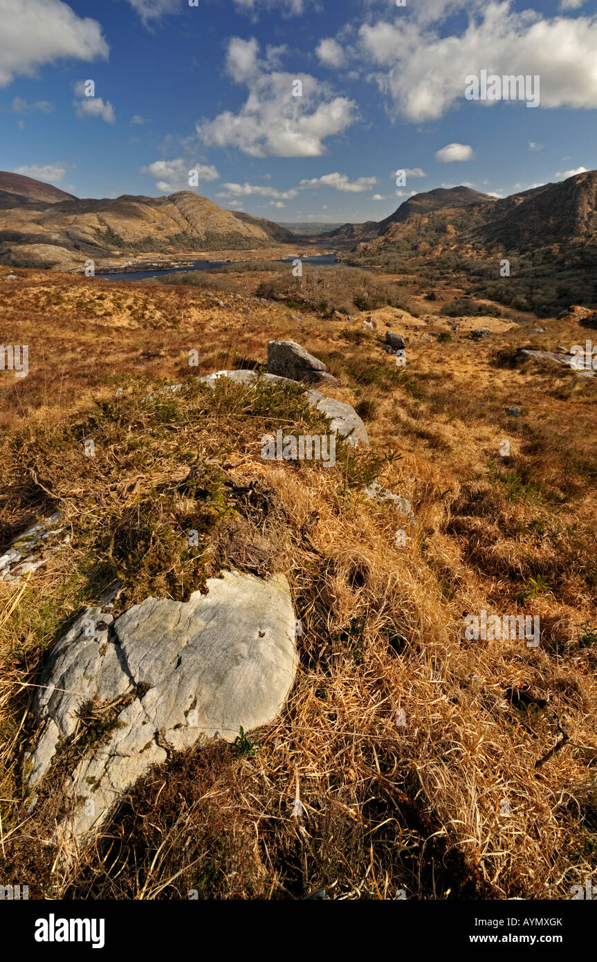 Distant view of The Upper Lake Killarney blue sky white clouds ring of ...