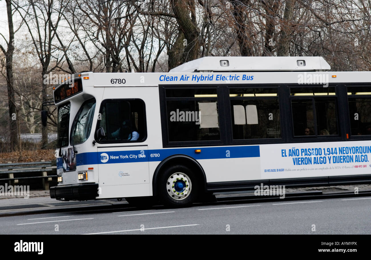 Gas electric hybrid bus on its route on the Upper West Side of ...