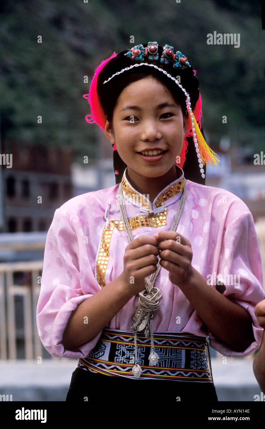 Girls of the Qiang tribe in traditional dress in town of Danba Sichuan ...