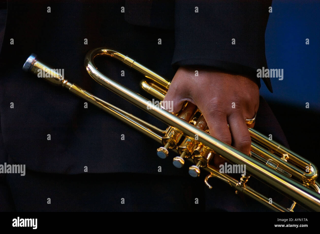 Trumpet in the hand of a musician at the MONTEREY JAZZ FESTIVAL ...