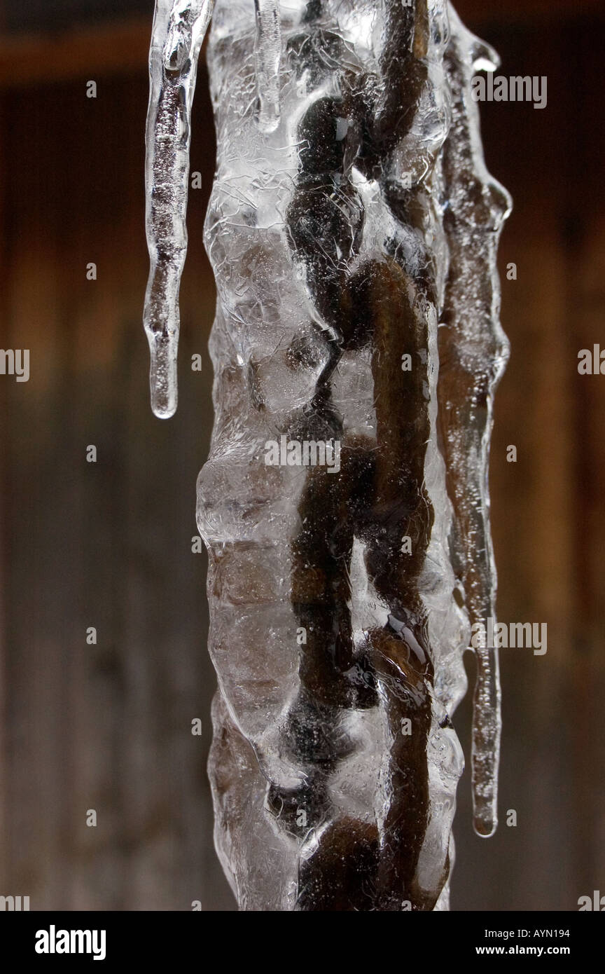 Ice freezes on a metal chain used to drain waterfrom a roof during the ...