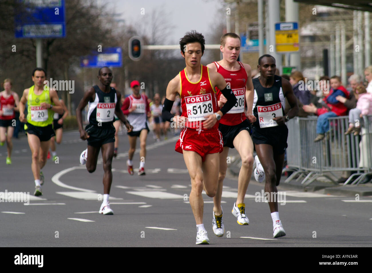 Group of leading runners at Rotterdam city street marathon sport run ...