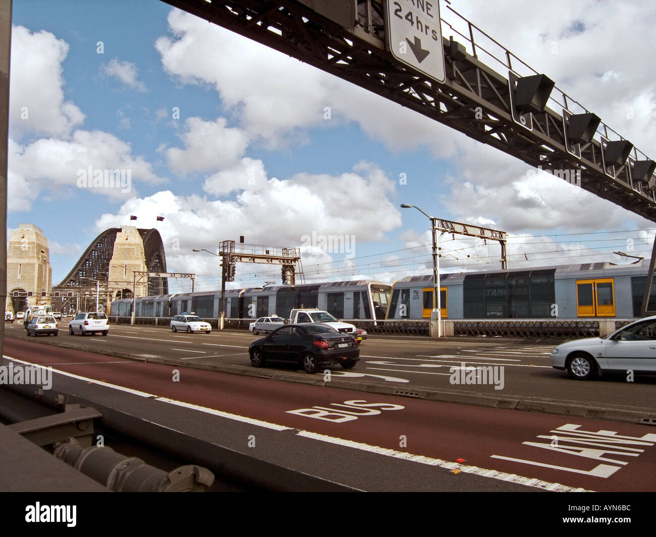 Traffic and train on Sydney Harbour Bridge NSW Australia Stock Photo ...
