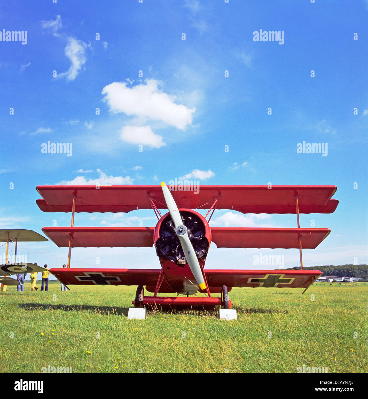 German Fokker Triplane replica Fok FI102 17 on a grass airfield at UK ...