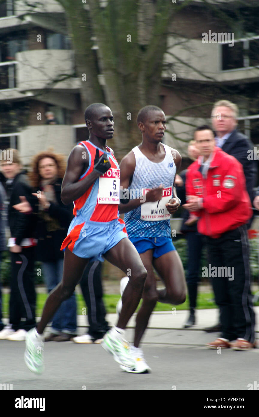 Group of two leading runners at Rotterdam city street marathon sport ...