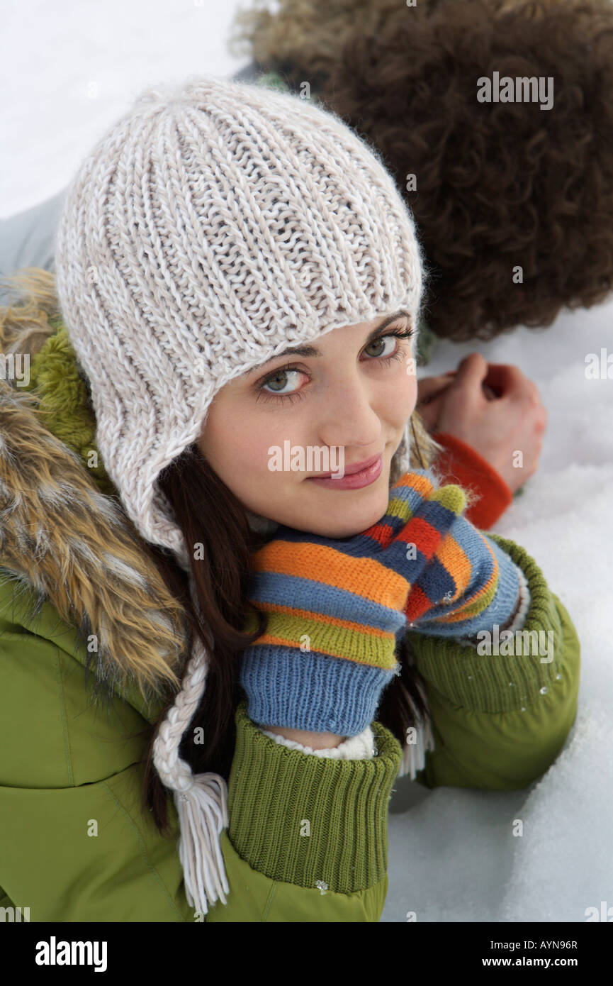 Young woman with wooly hat in the snow, close-up, portrait Stock Photo ...