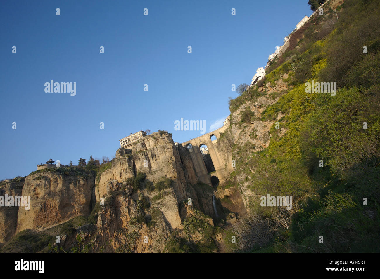 Ronda seen from the bottom of the gorge. Andalusia, Spain Stock Photo ...