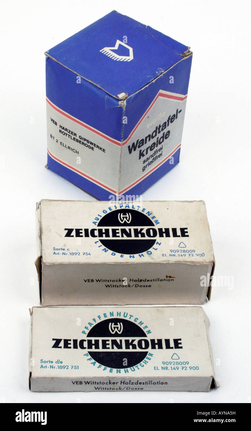 writing, carton box with chalk and drawing charcoal, produced by VEB ...