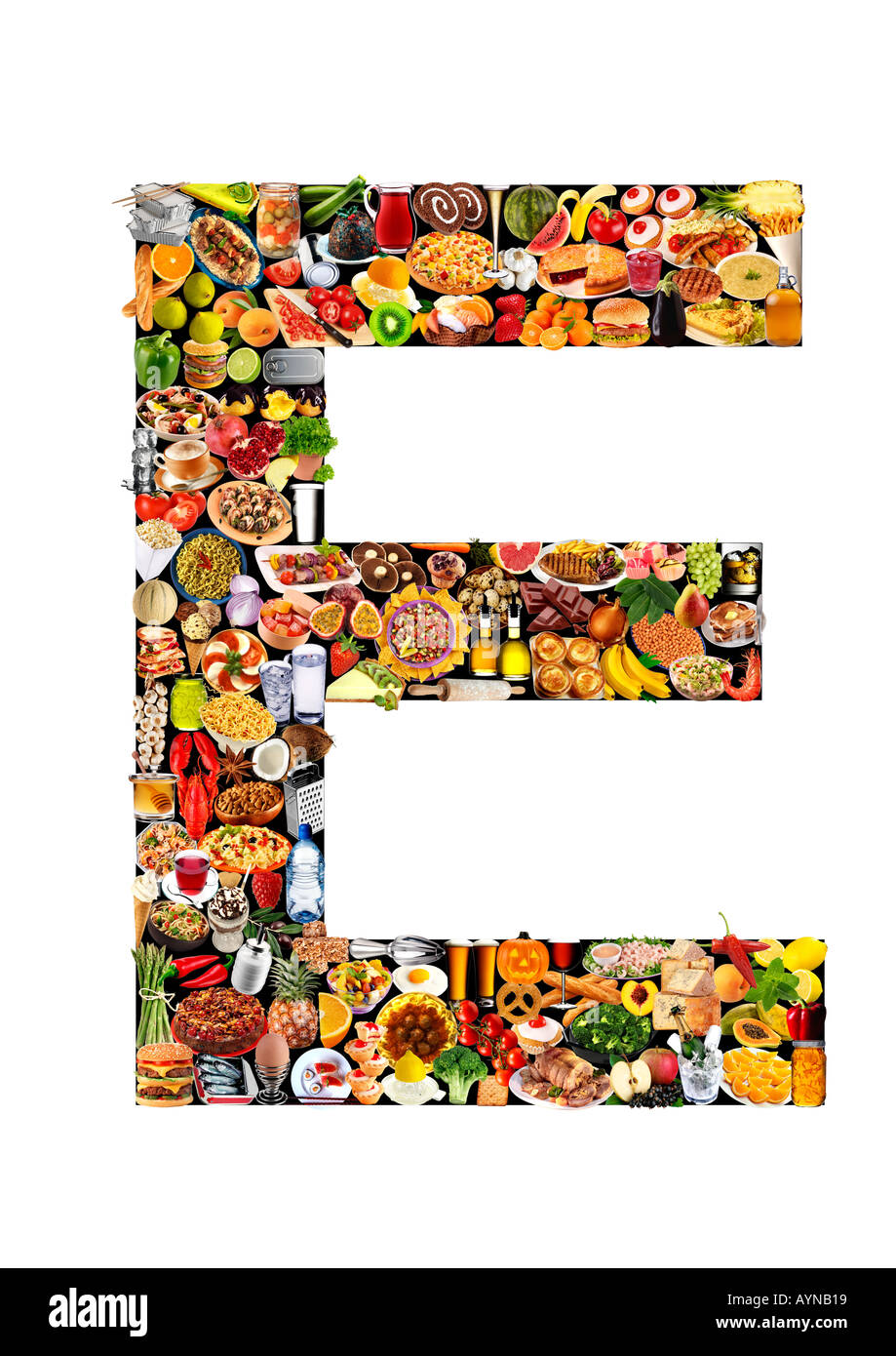 FOODFONT LETTER E ON BLACK AND WHITE Stock Photo - Alamy