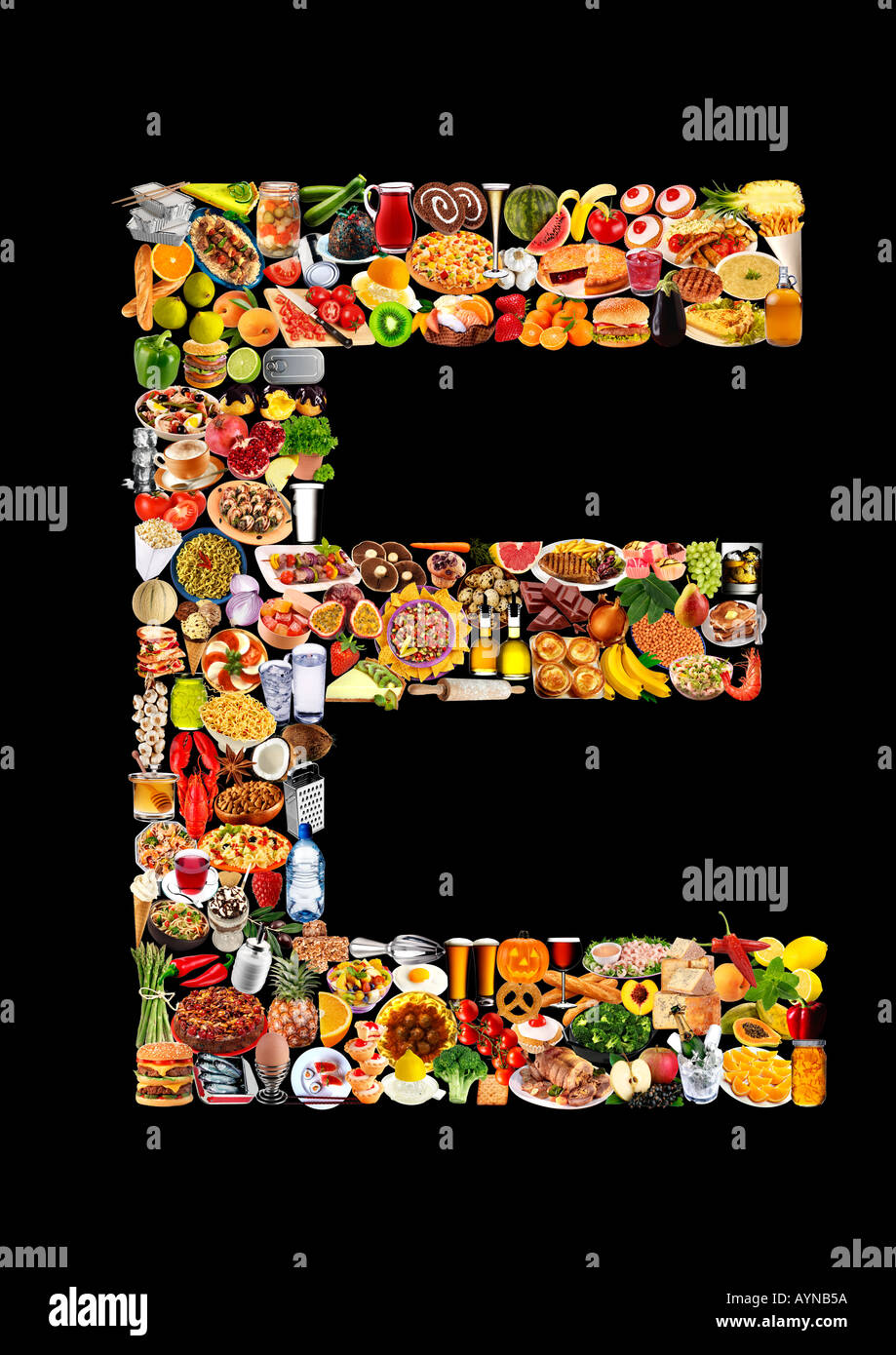 FOODFONT LETTER E ON BLACK Stock Photo - Alamy