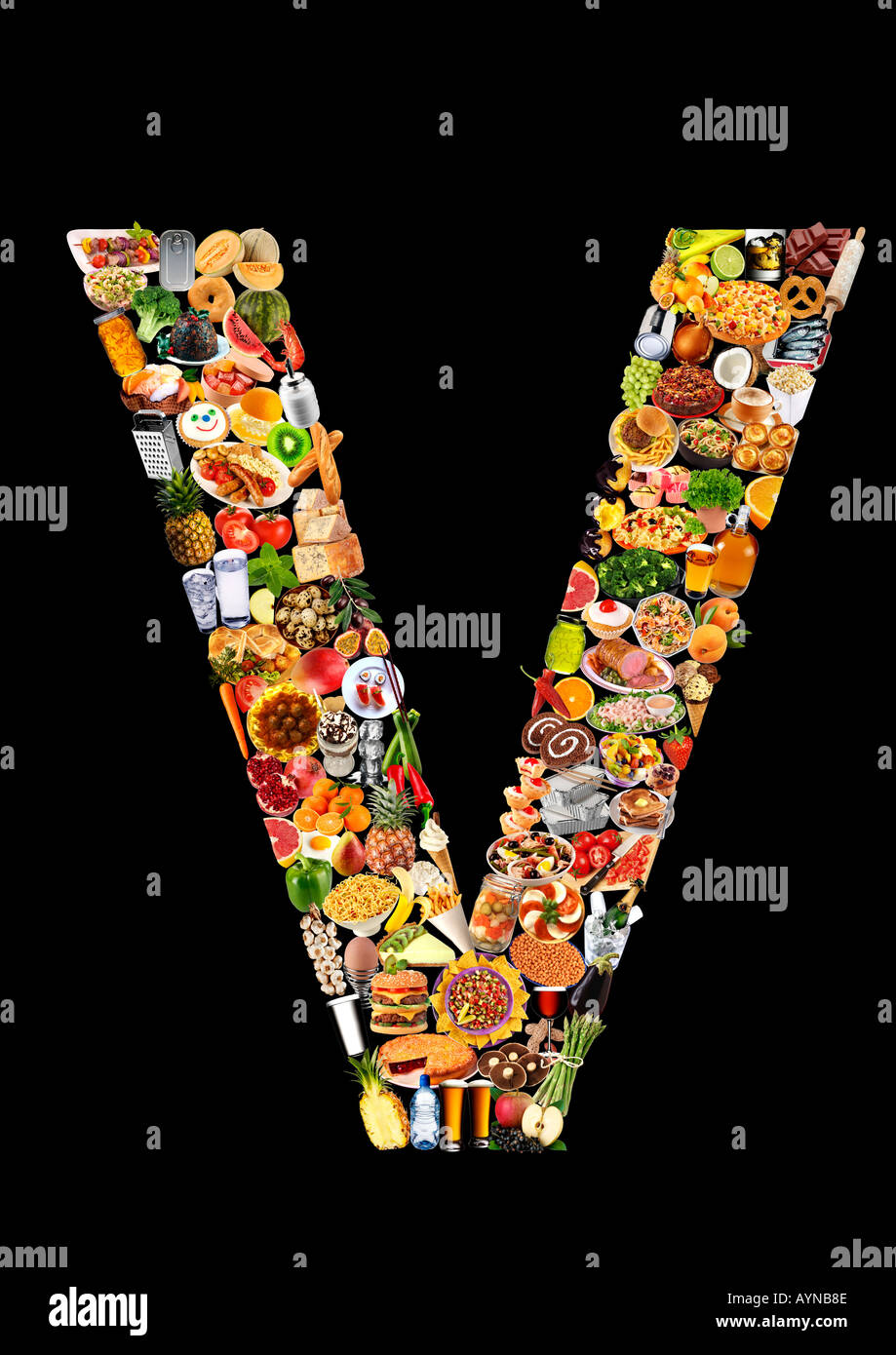 FOODFONT LETTER V ON BLACK Stock Photo - Alamy