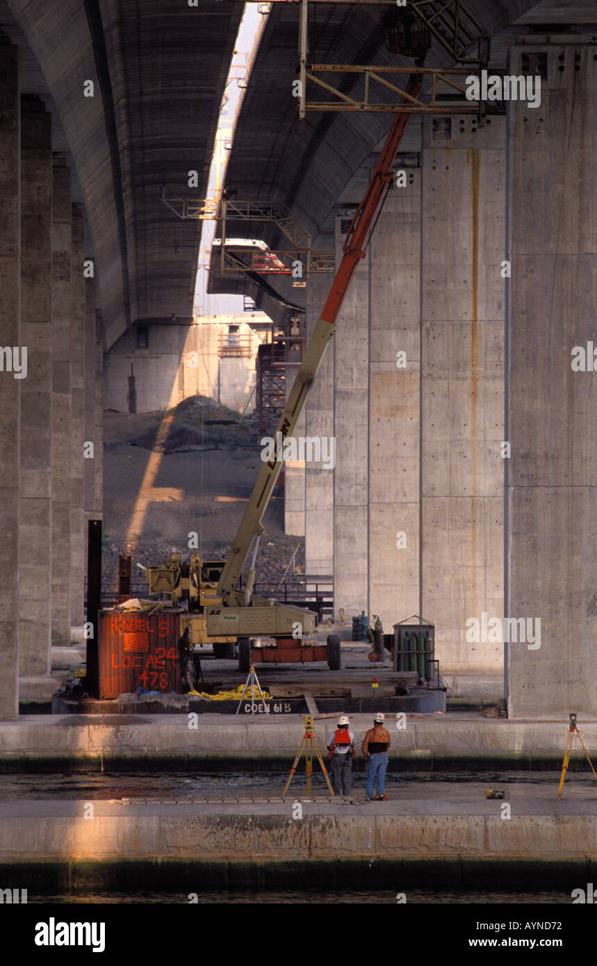 Construction workers surveying concrete piers under a bridge ...