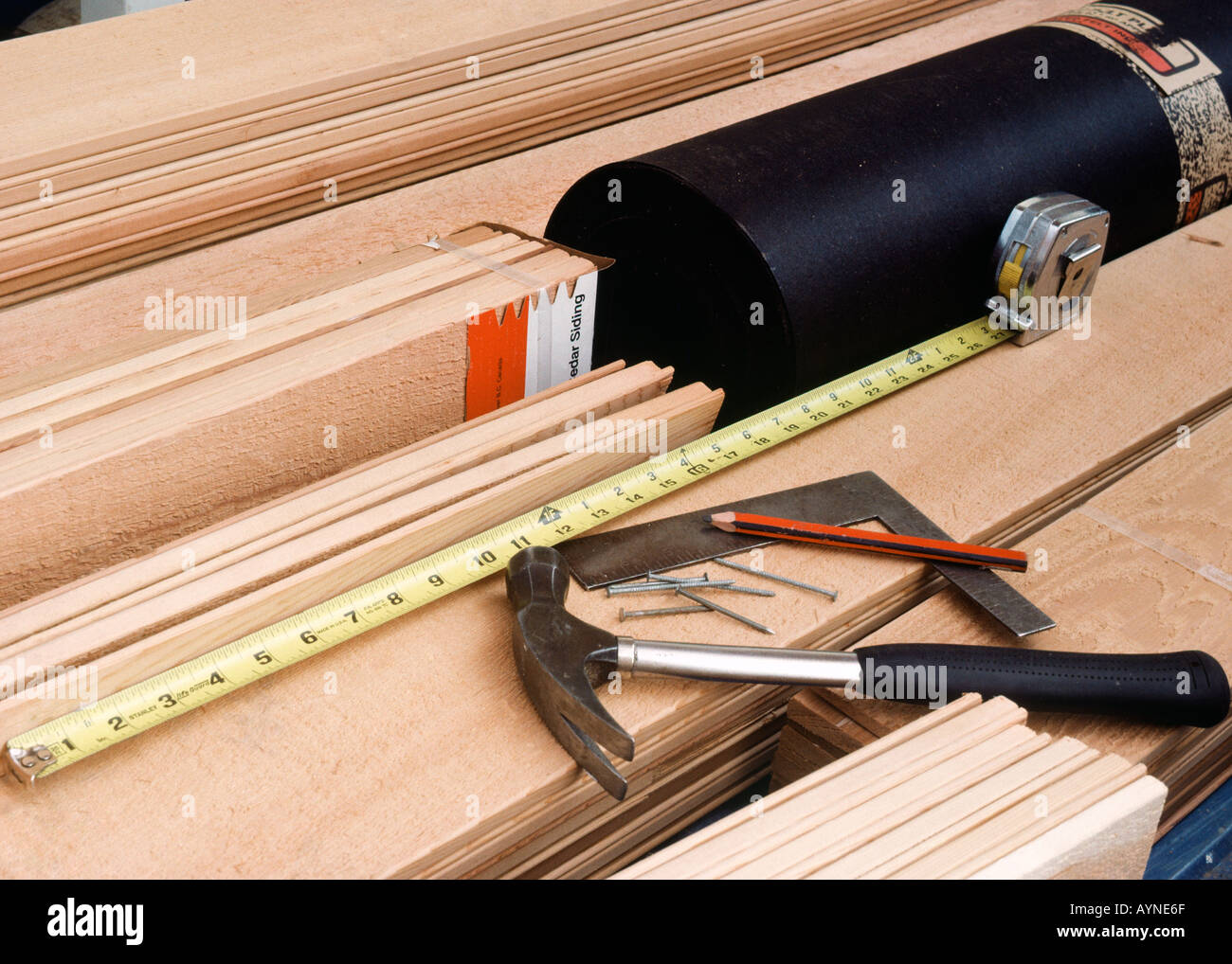 Still life of lumber and construction tools Stock Photo - Alamy