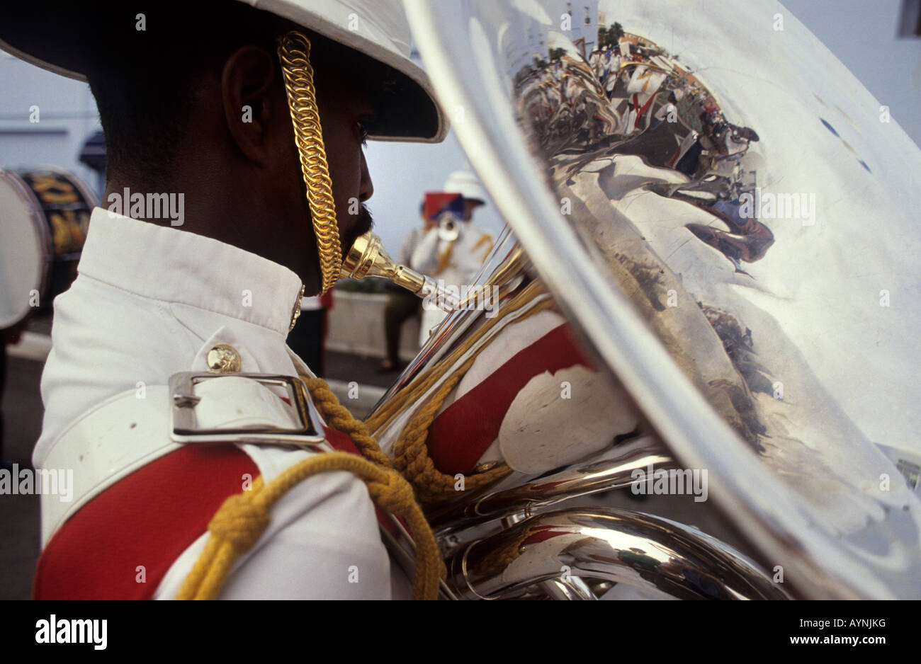 Smart bandsman, of the Royal Bermuda Regiment, in pith helmet and white ...