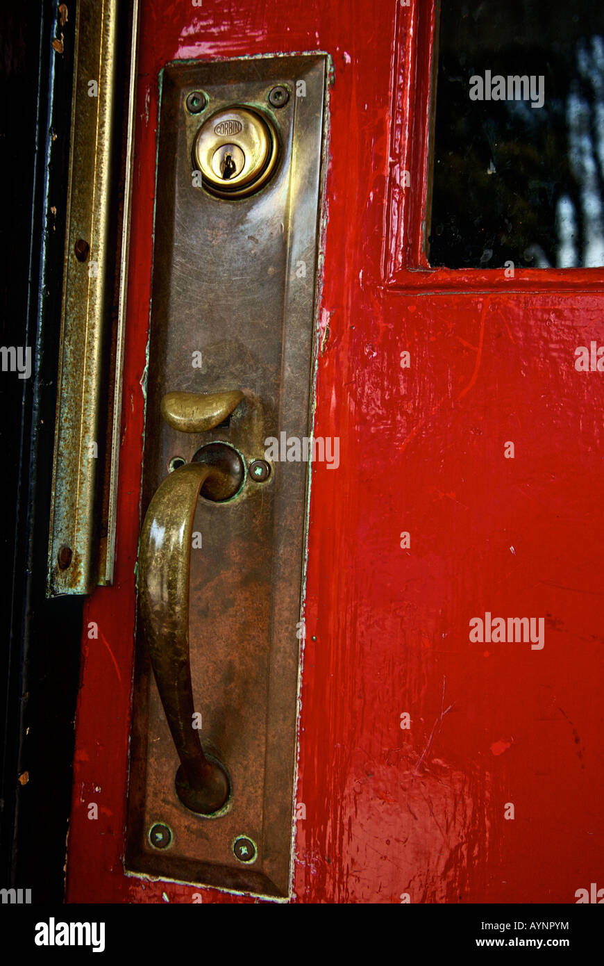 Antique brass door handle and latch on old house in Vancouver heritage ...
