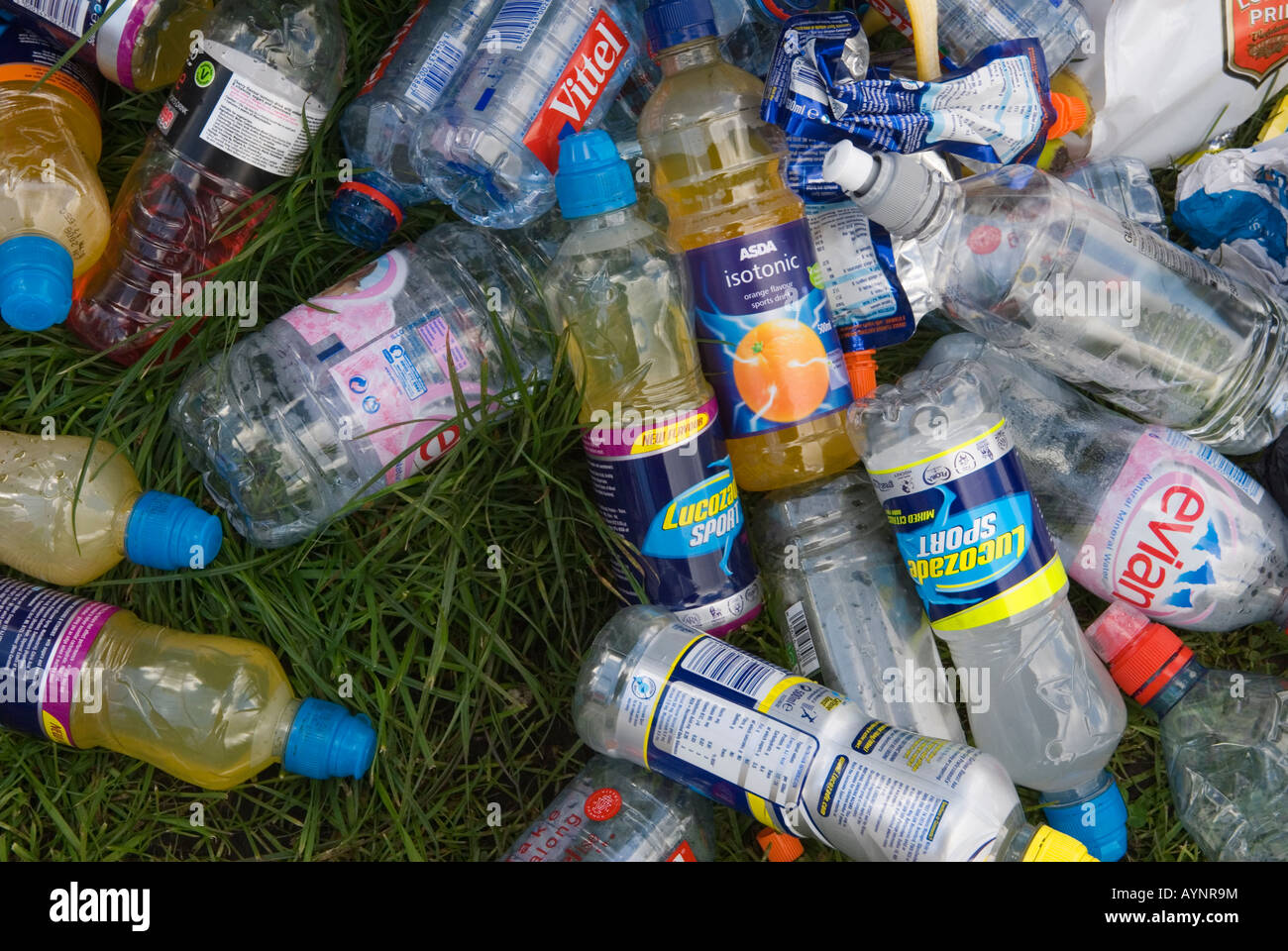 Plastic litter trash single use empty plastic drink bottles London UK ...