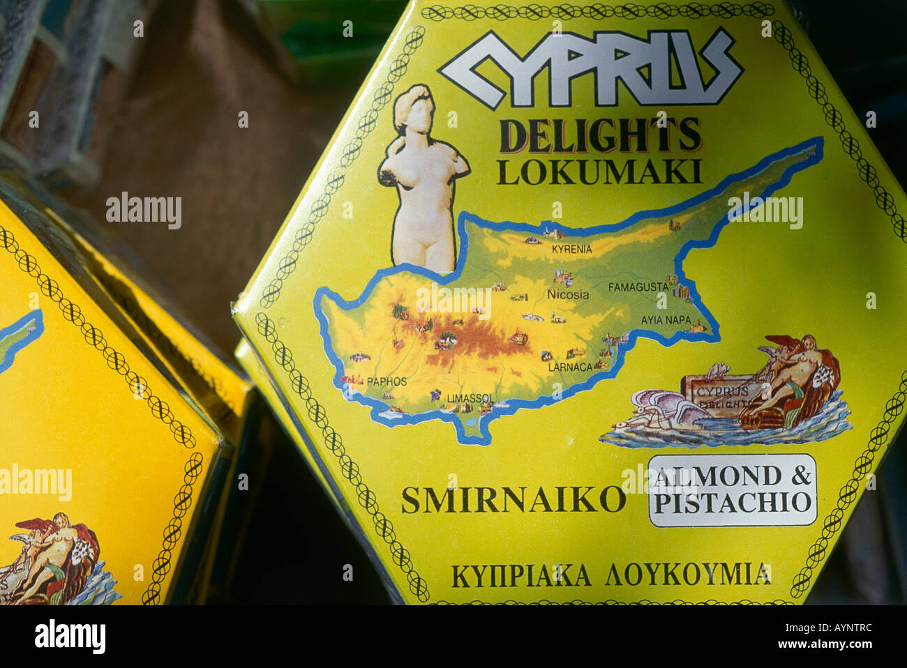 A yellow box of Cyprus Delights almond and pistachio flavour gelatine ...