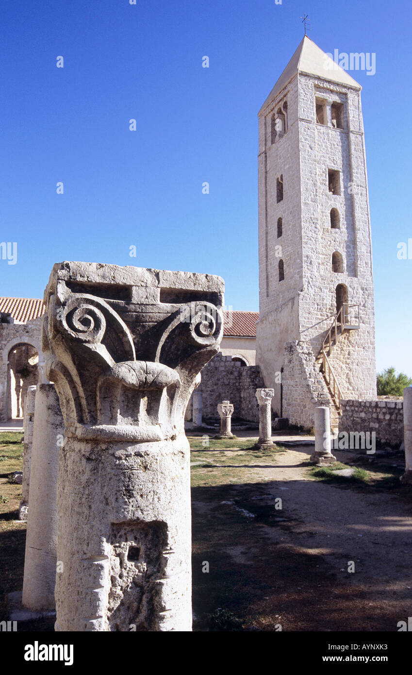 Bell tower and Roman columns in Rab Town Stock Photo - Alamy