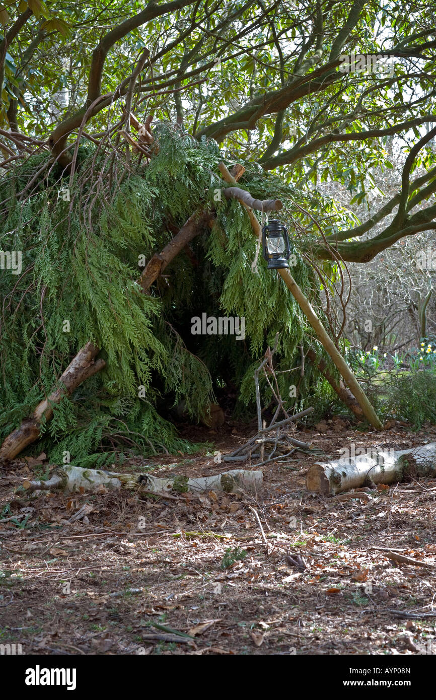 Children's den made with branches and conifer trimmings Stock Photo - Alamy
