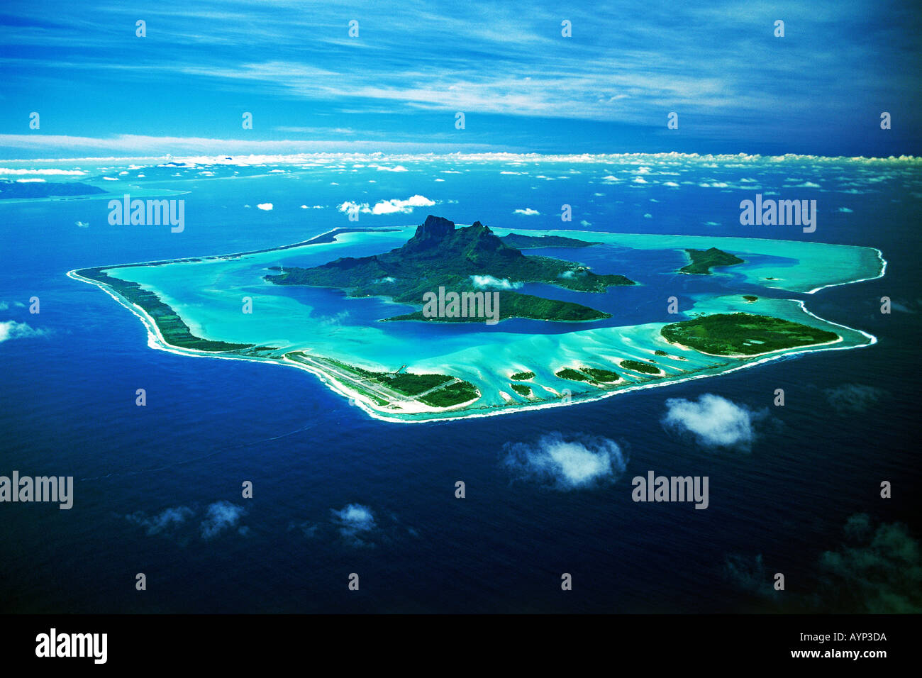 Aerial view of Bora Bora Island anchored in blue South Pacific in the ...