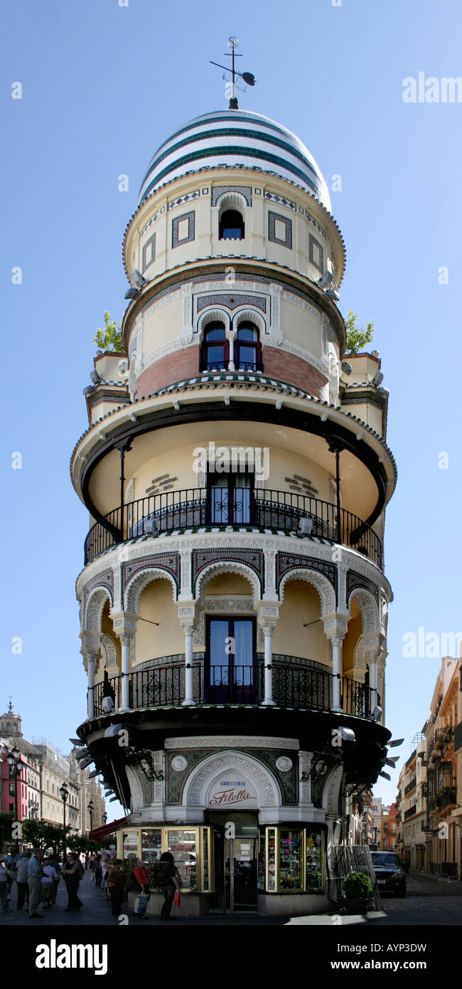 Famous round building with the Filella Confiteria shop. Seville Spain ...