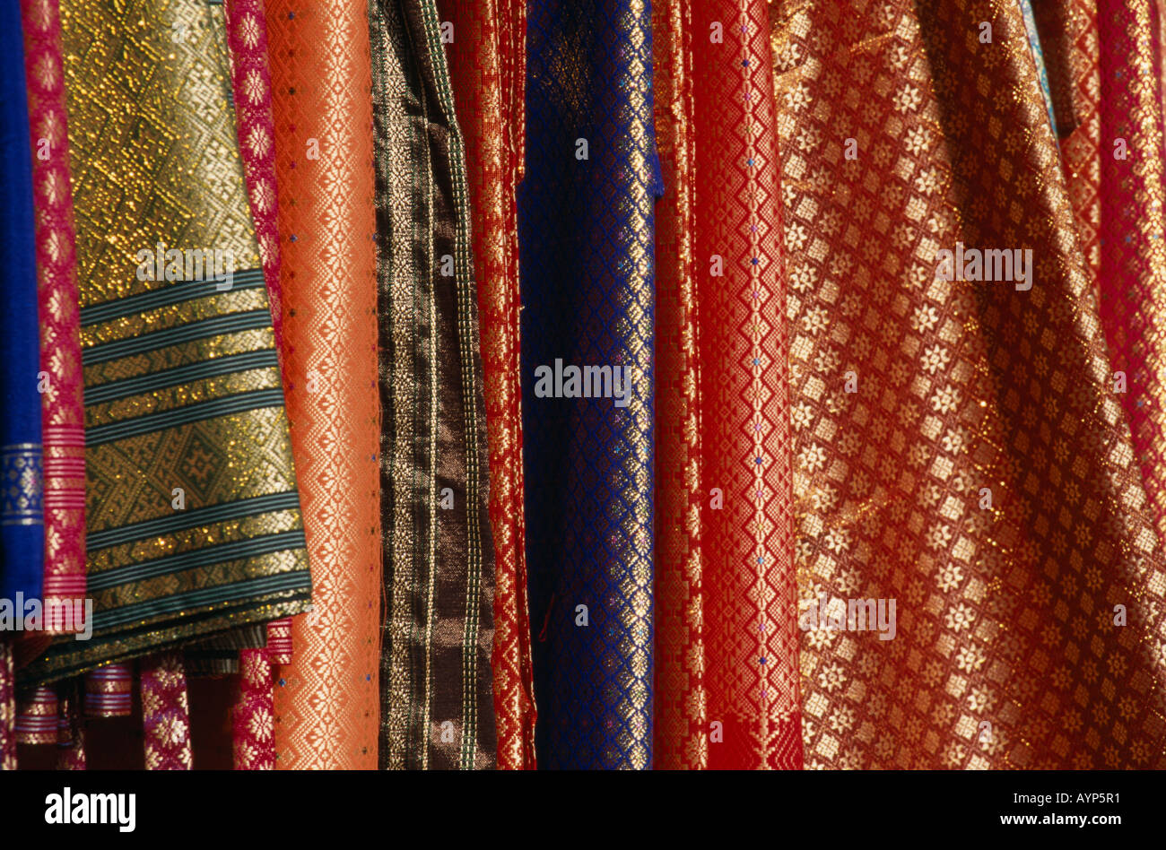 MALAYSIA Kedah Langkawi Kuah Old Town Colourful silk fabrics hanging ...