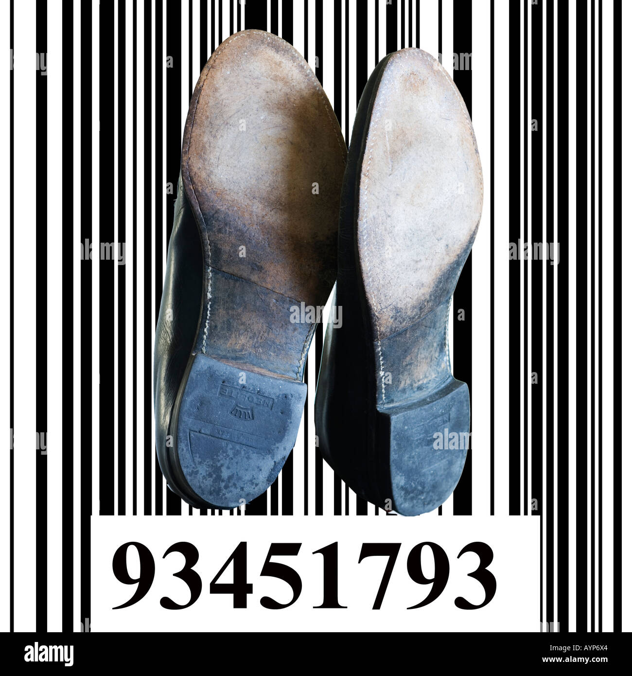 soles of male shoes composited on large bar code Stock Photo - Alamy