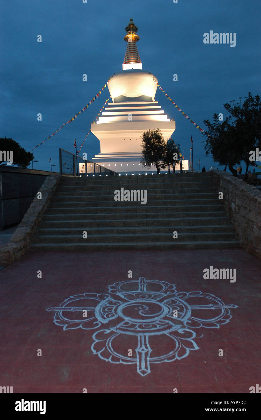 Illuminated Buddhist stupa of enlightenment in Benalmadena, Andalucia ...