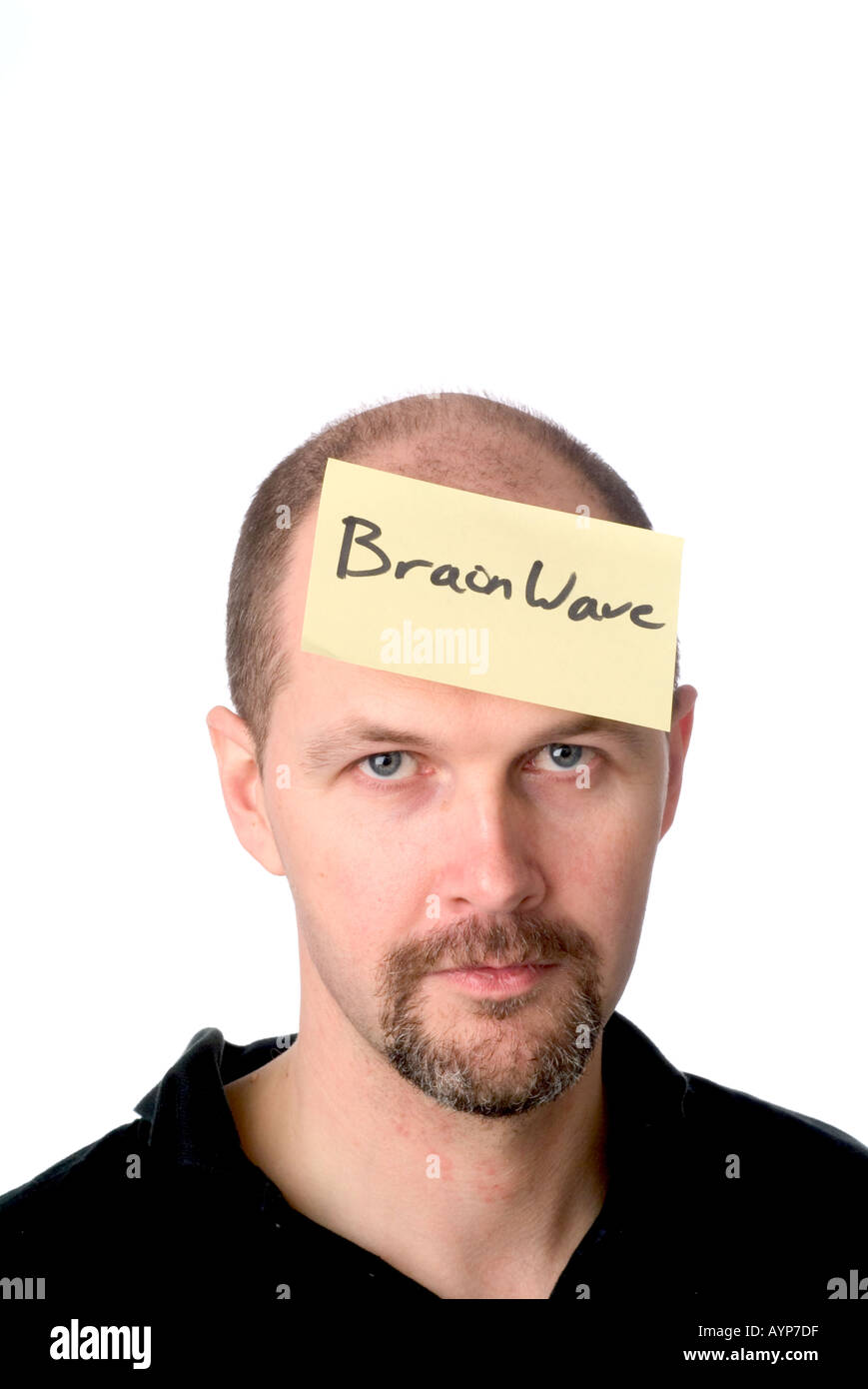 Man with post it note on head illustrating that he is having an idea ...
