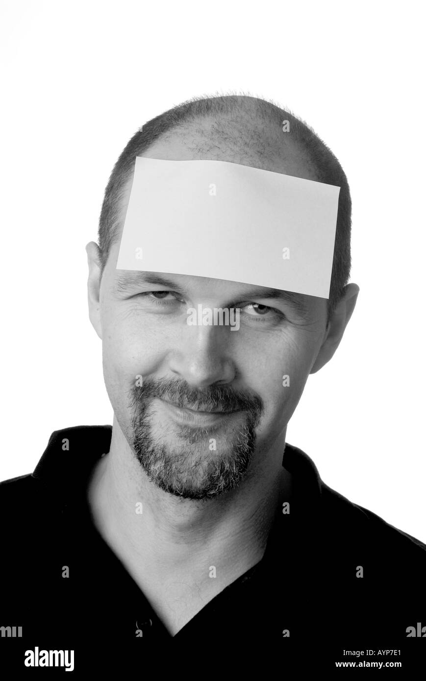 man with post it note on head thought think idea smirk brain idea Stock ...