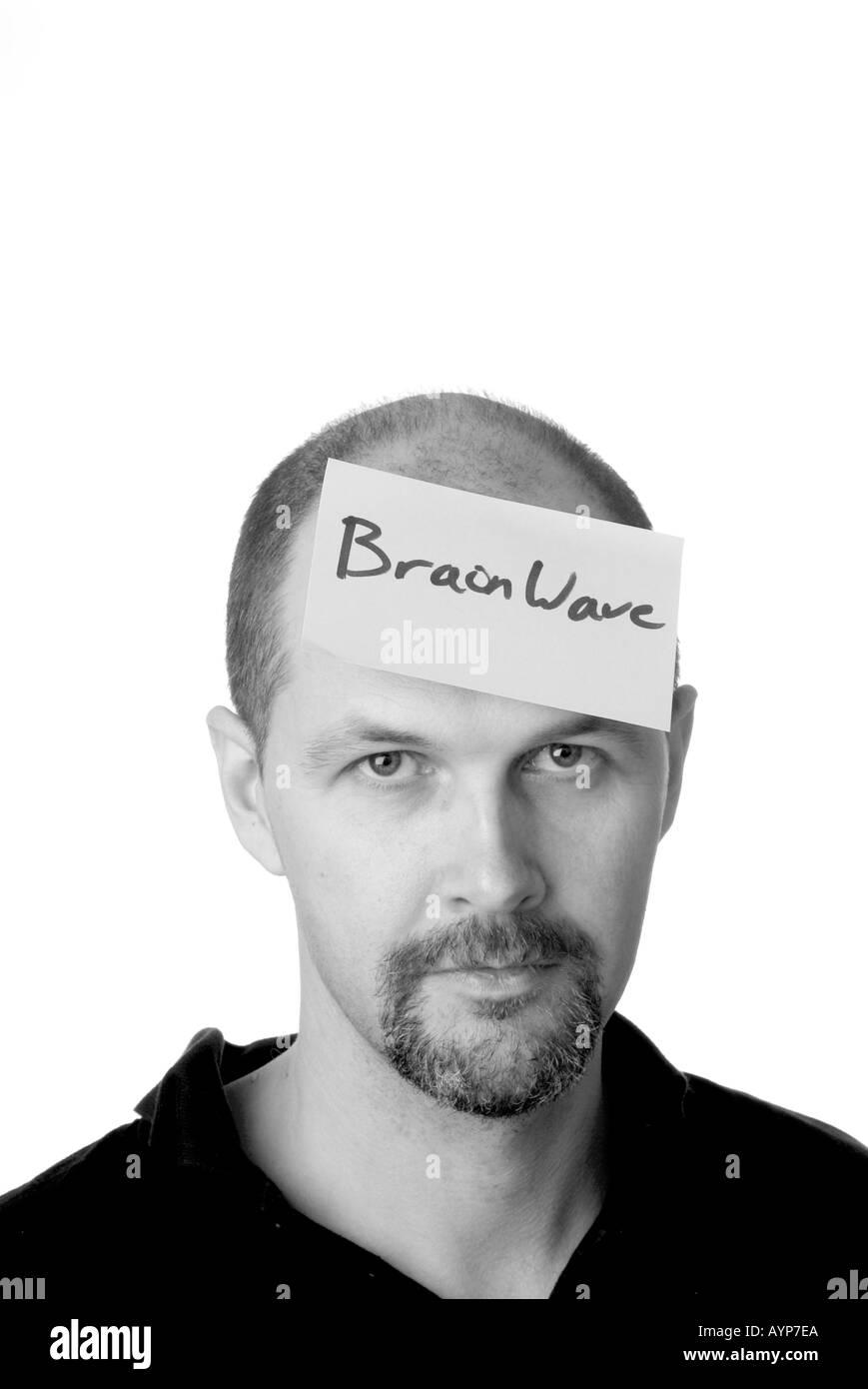 Man with post it note on head illustrating that he is having an idea ...