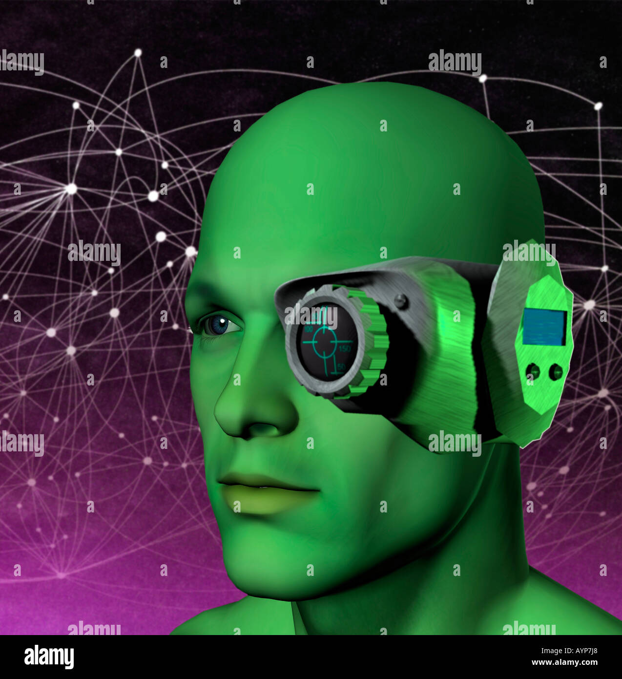 conceptual futuristic 3D computer generated male robot head equipped ...