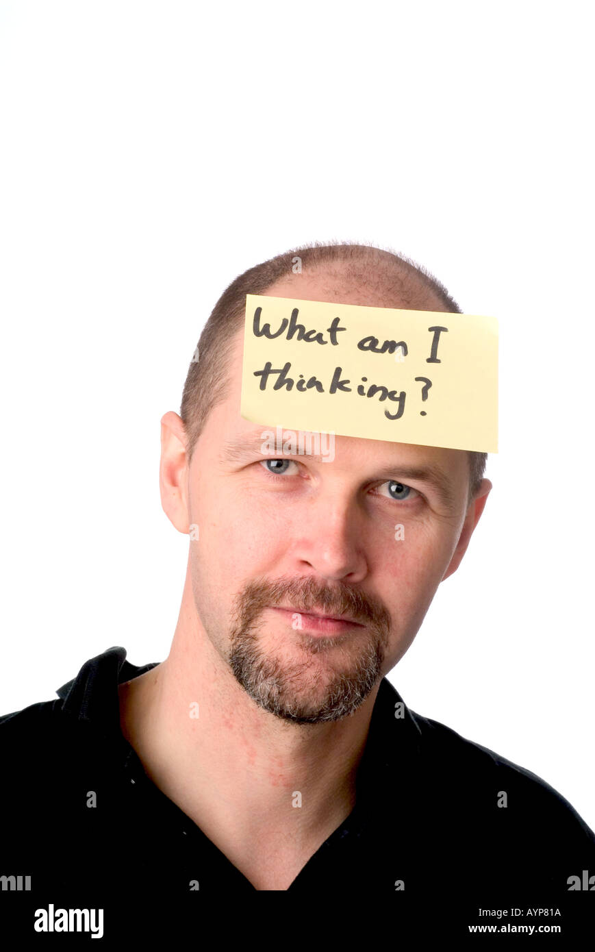 man with post it note on head with what am i thinking ponder wonder ...