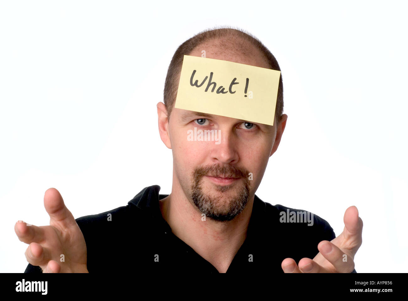Man with post it note on head to illustrate surprise hand gesture ...