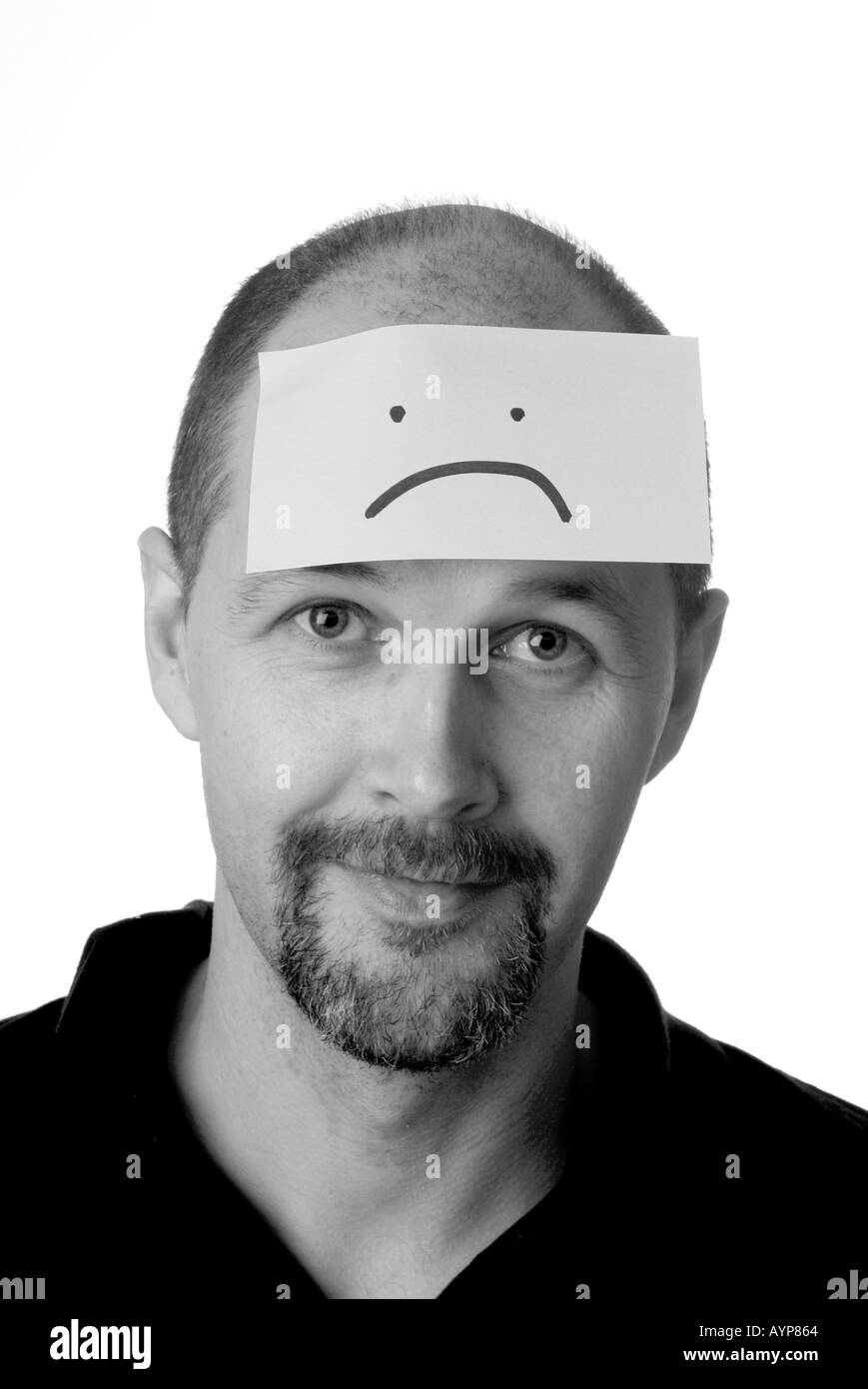 man with post it note on head representing depression happy glad fun ...