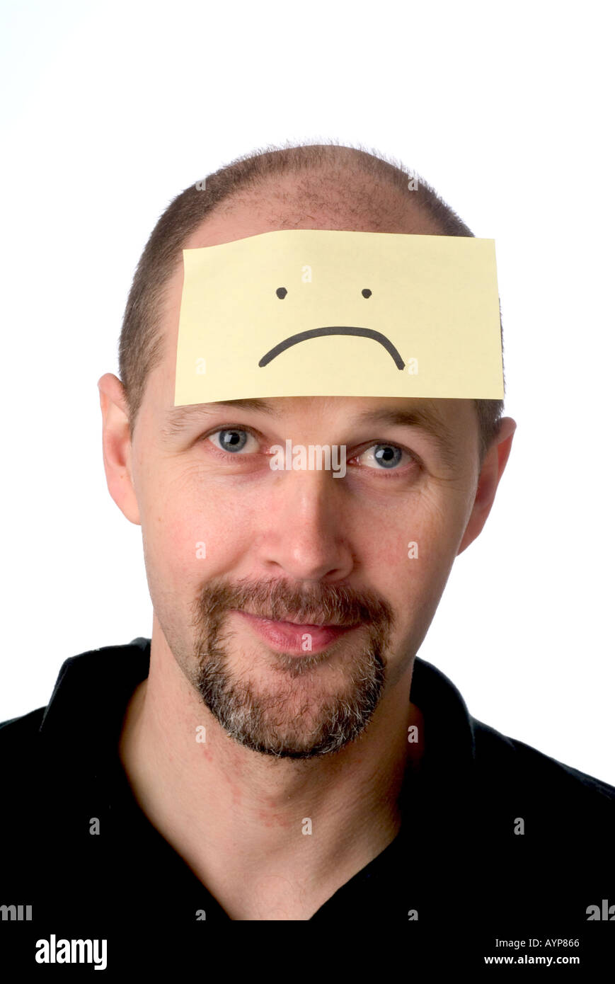 happy face man with post it note on head representing depression happy ...