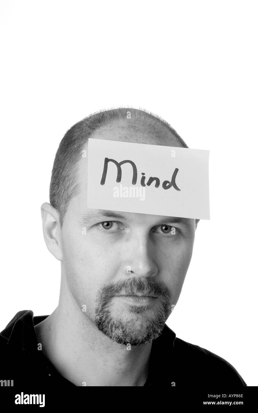 man with post it note on head illustrating mental health depression sad ...