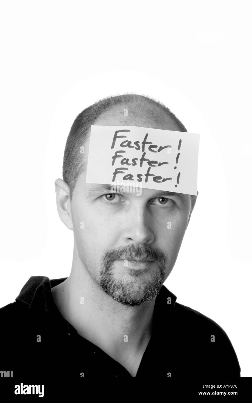 man with a post it note on his head indicating that he wants to faster ...