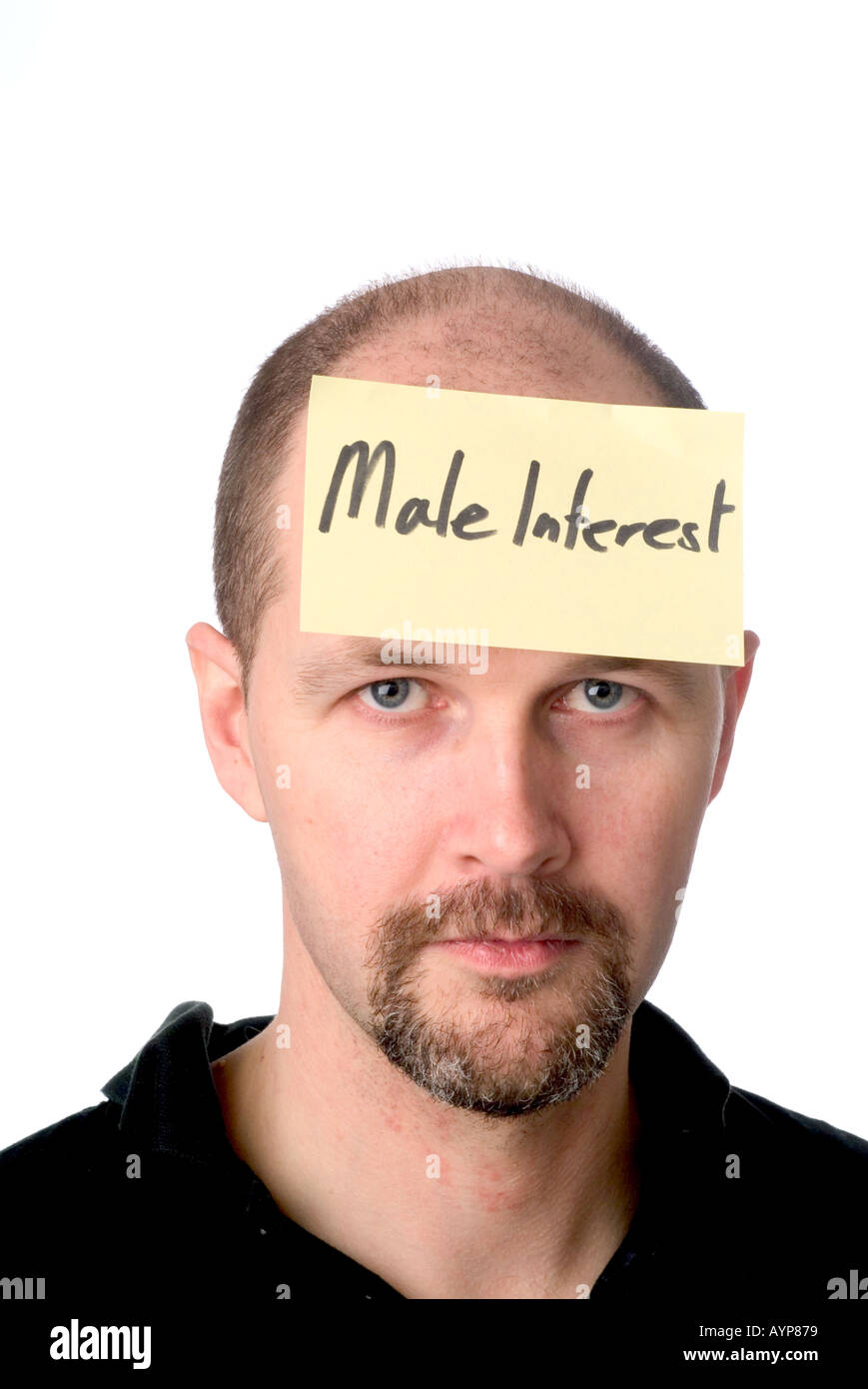 male interest man with post it note on his head indicating that he is ...