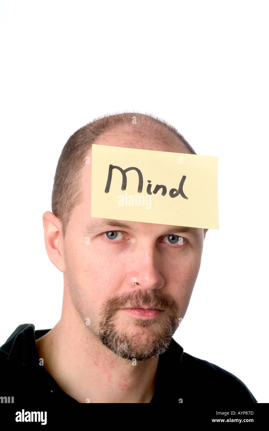 man with post it note on head illustrating mental health depression sad ...