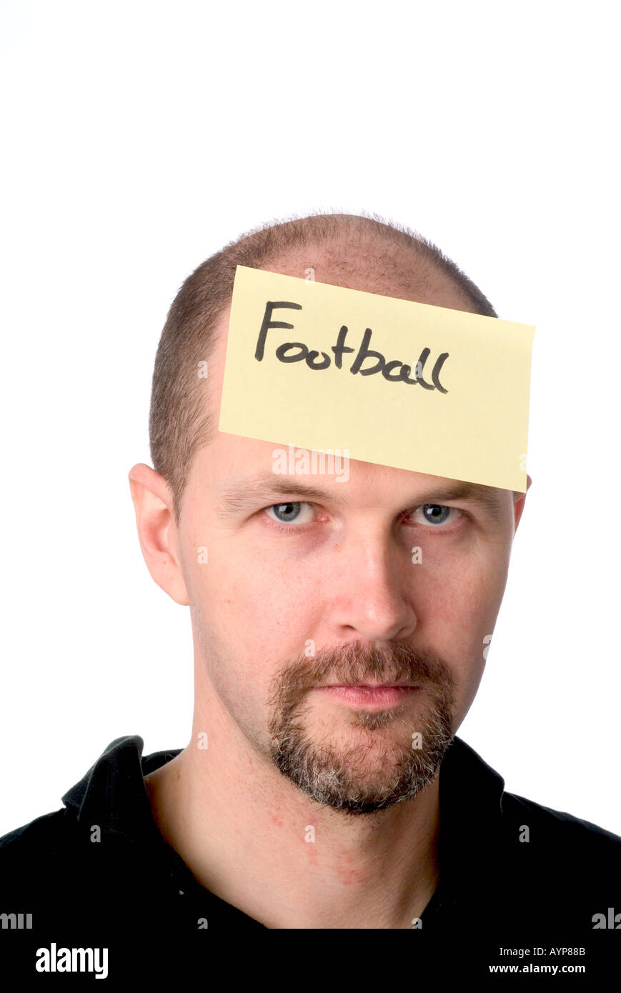 man with post it note on his head indicating that he is a fanatical ...
