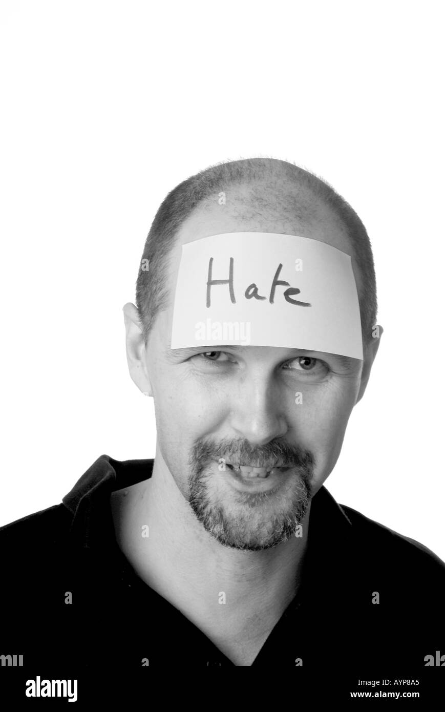 man with post it note on head depicting fight fighting anger agression ...