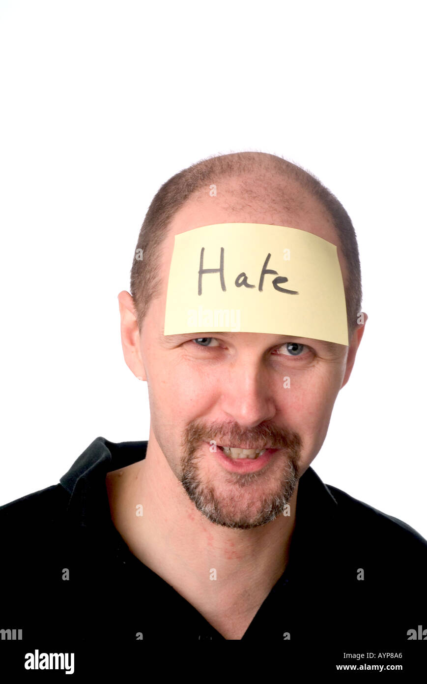 man with post it note on head depicting fight fighting anger agression ...