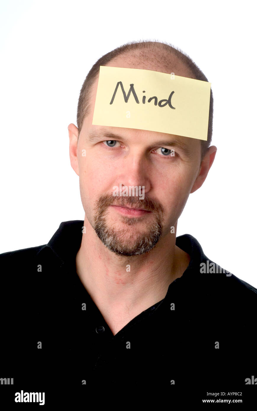 man with post it note on head mind memory remember think though idea ...