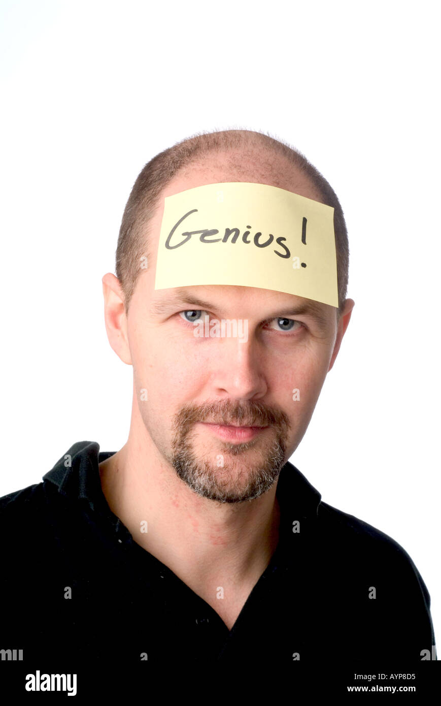 man with post it note on head clever genius idea thought blue sky idea ...