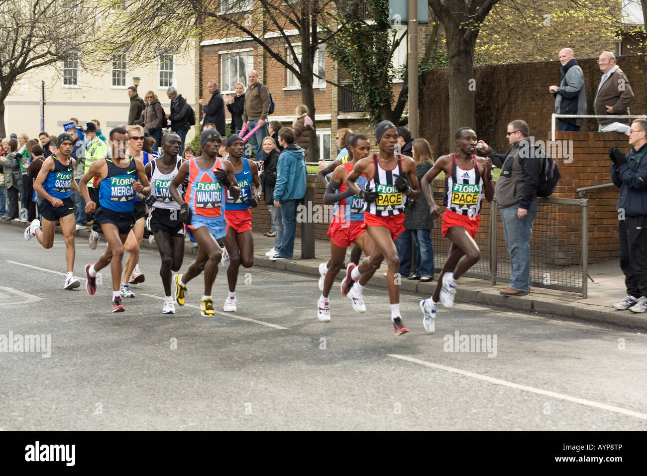 The mens elite runners in the London Marathon 2008, Greenwich London ...
