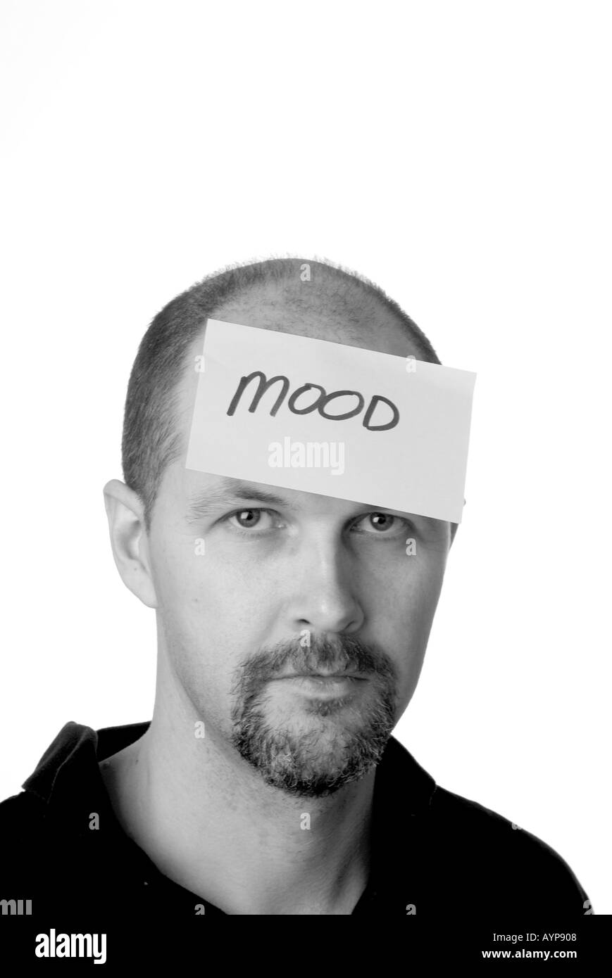 man with post it note on head good mood moody depression upset down low ...