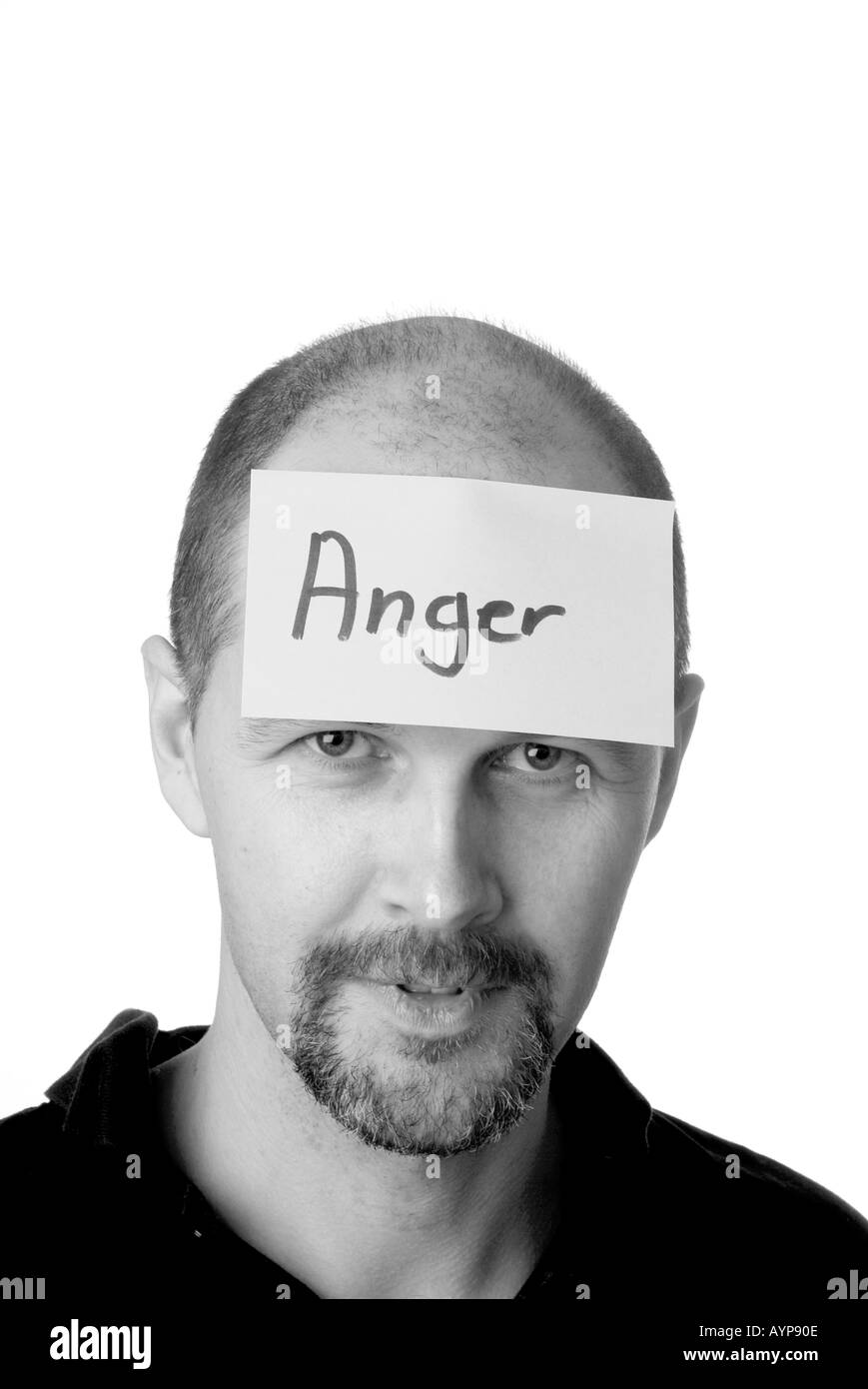 man with post it note on head depicting fight fighting anger agression ...