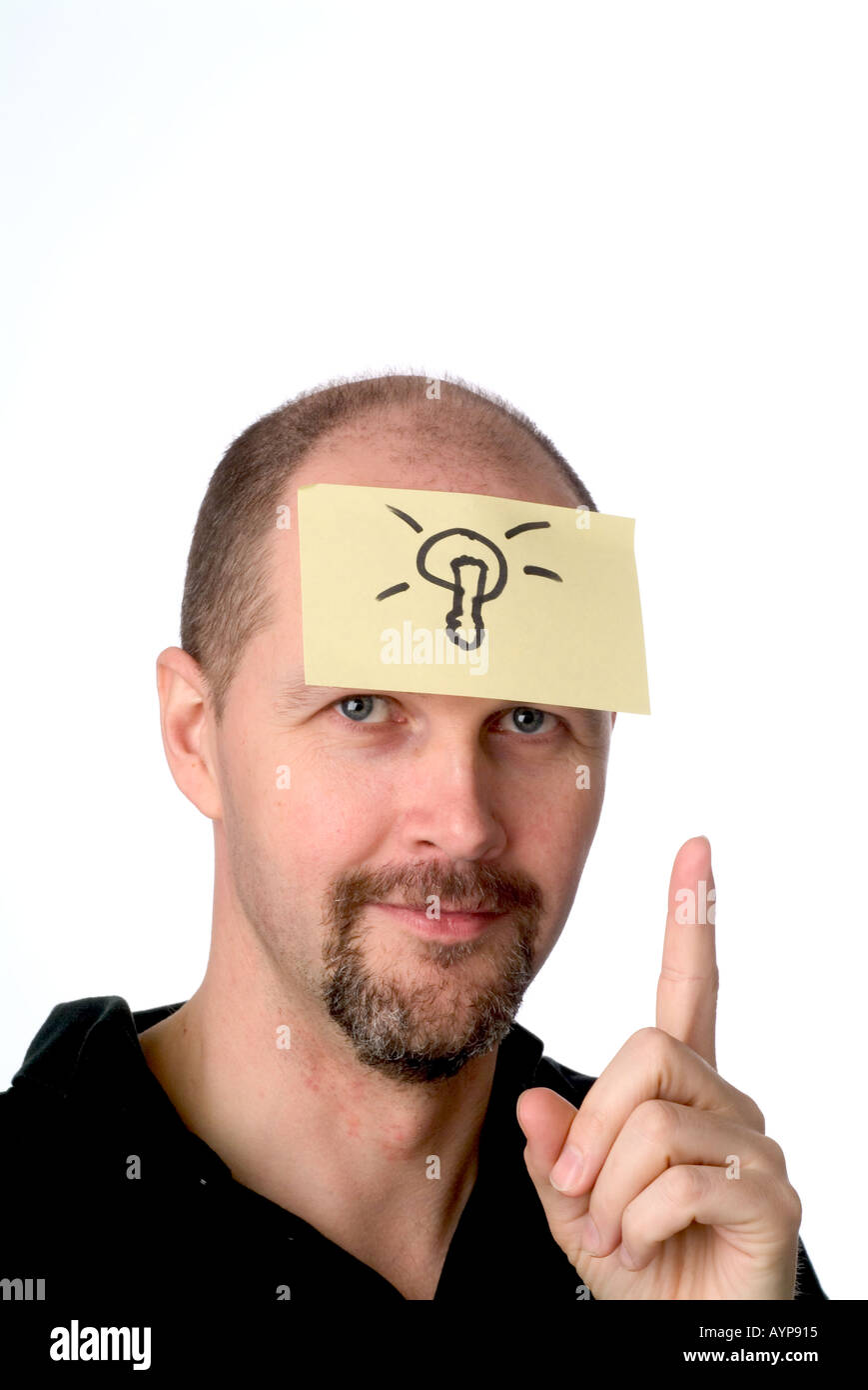 man with post it note on head idea thought think invention eureka blue ...