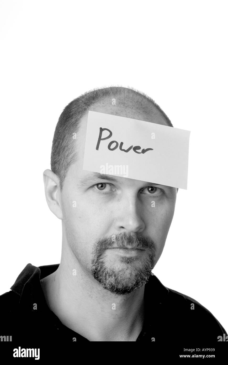 man with post it note on head power crazy power driven hungry money ...